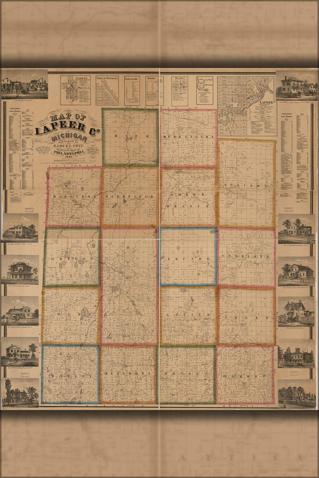 24"x36" Gallery Poster, Map of Lapeer Co., Michigan 1863 - Walmart.com
