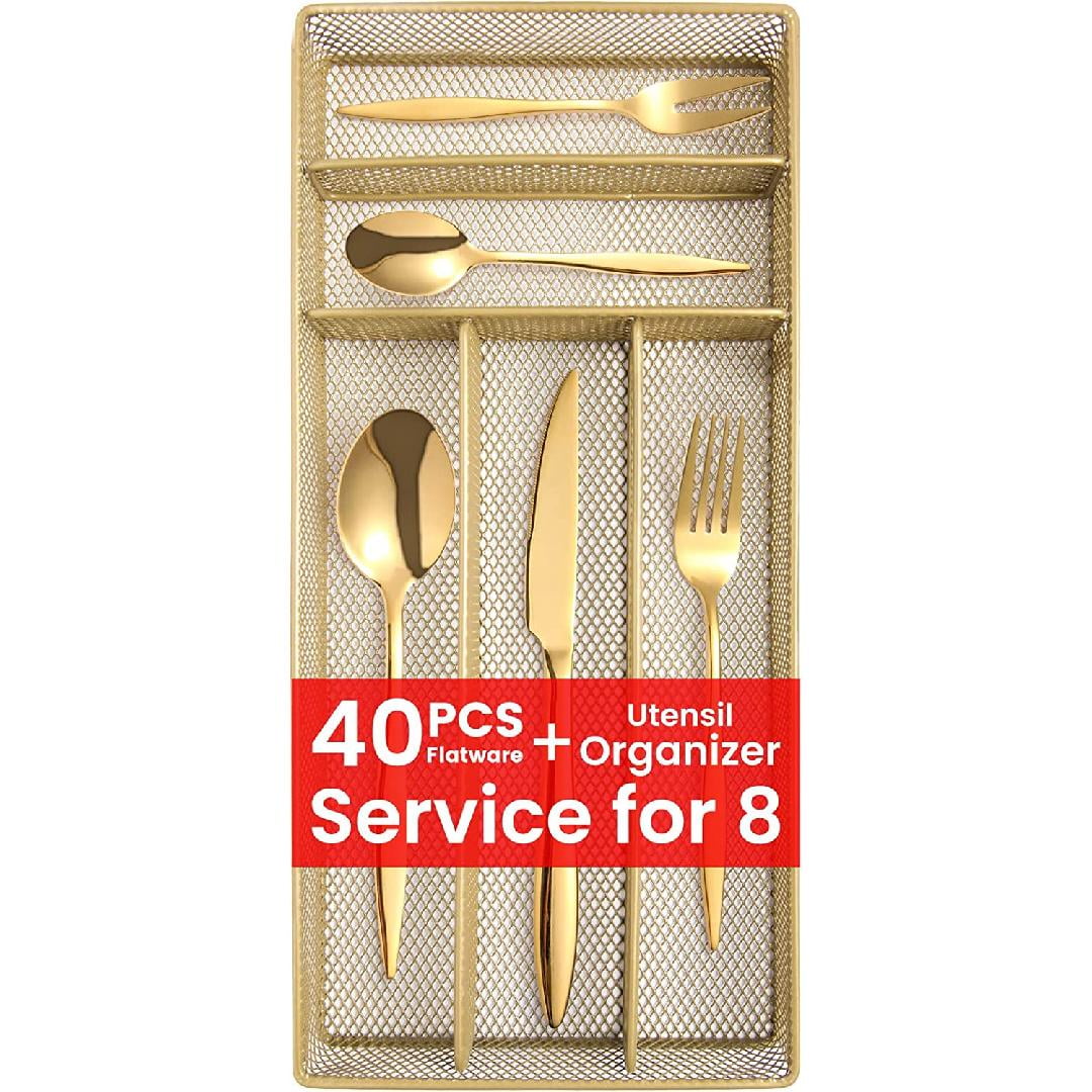Gold Silverware Set with Organizer, 40-Piece Flatware Set for 8 ...