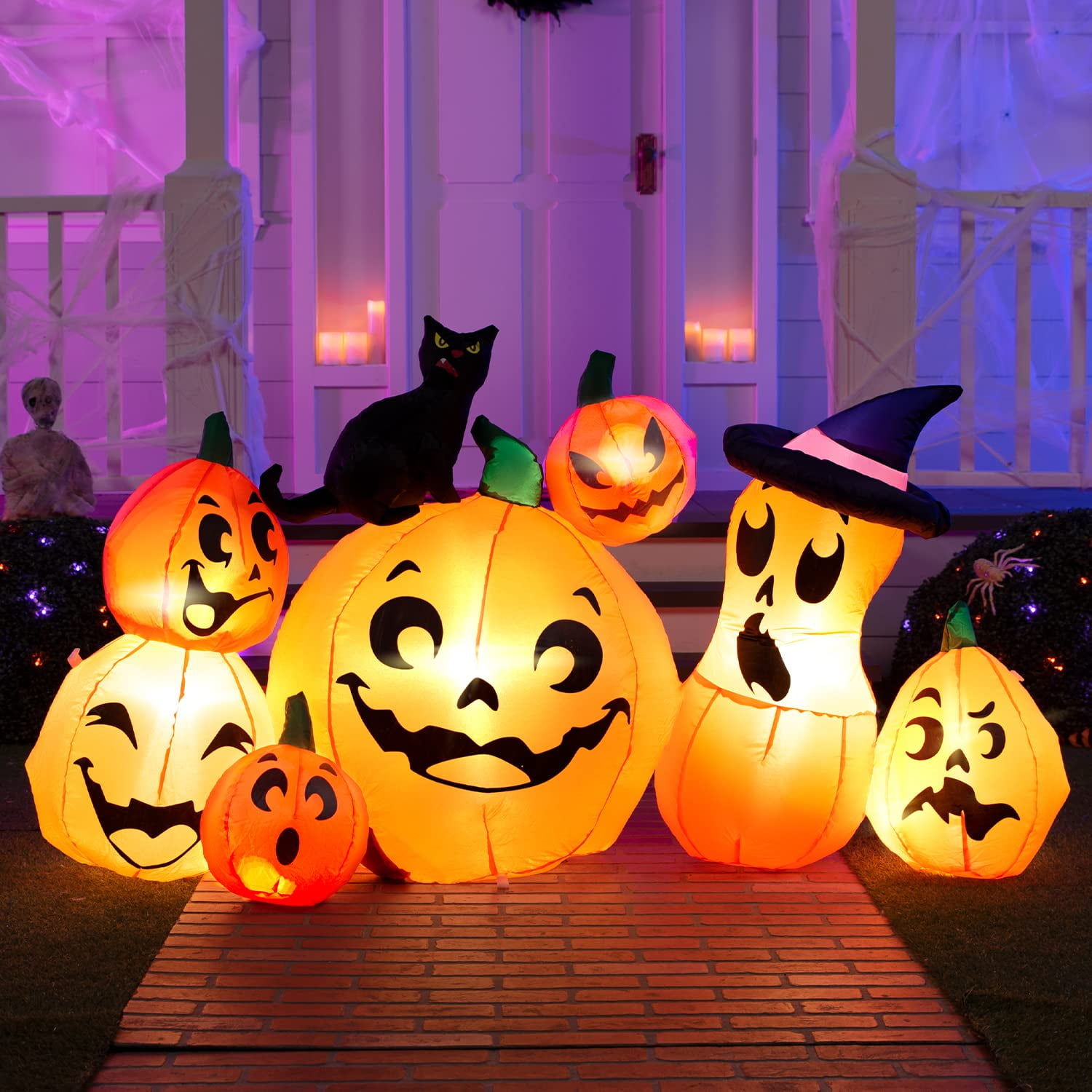 Joiedomi 6 Ft Long 7 Pcs Halloween Inflatable Pumpkin With Witchs Cat