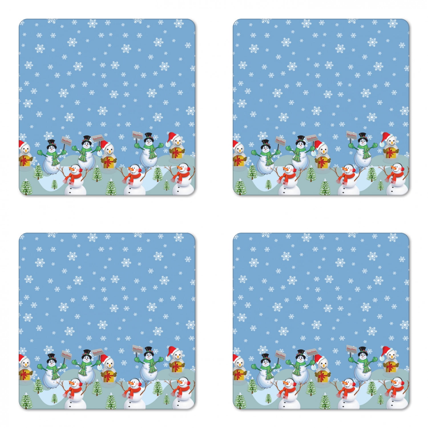 Christmas Coaster Set of 4, Snowman Party Themed Cartoon Composition ...