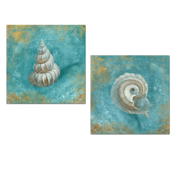 Teal and Off-White Seashell Set Adult Coastal Decor; 2 - 12" x 12 ...