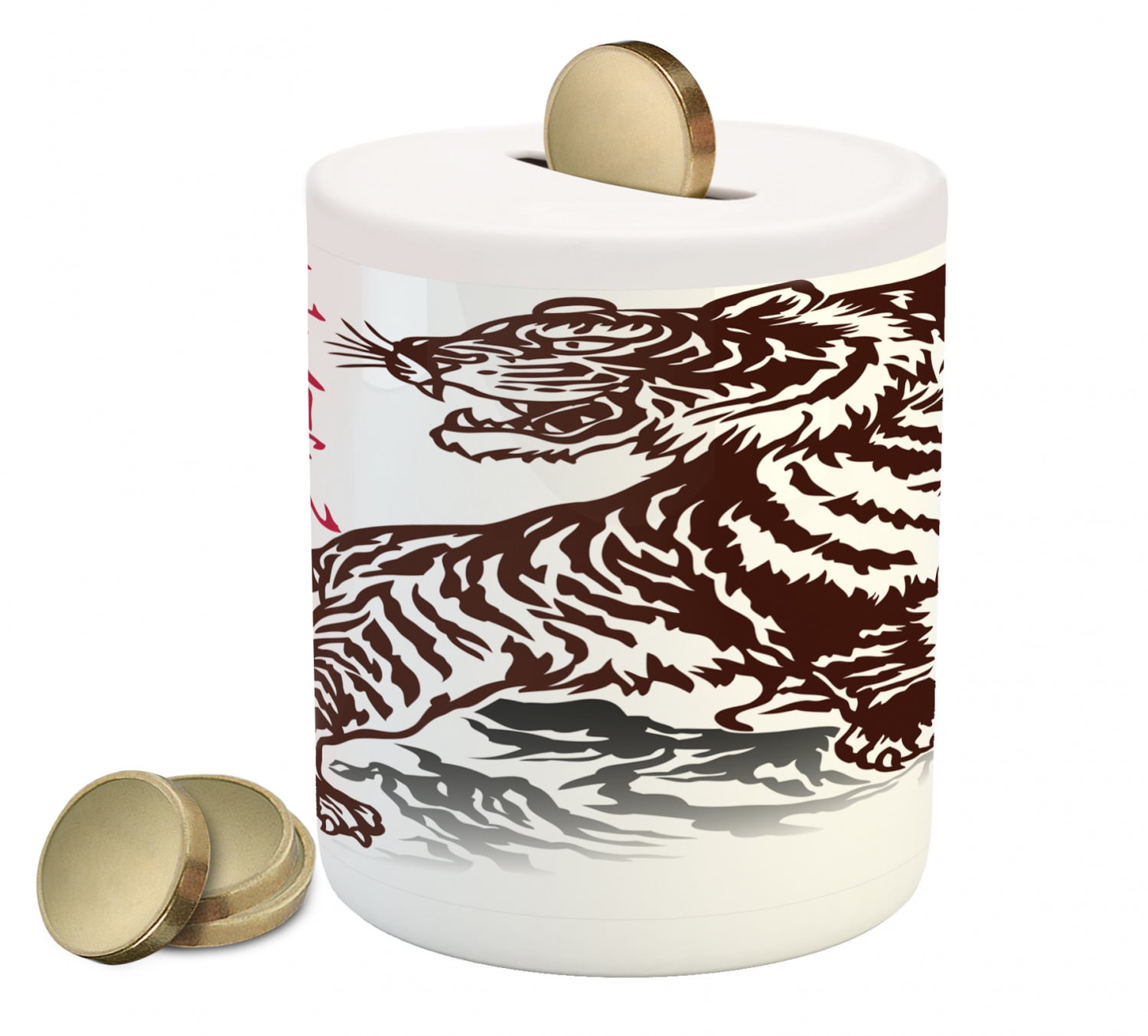 Tattoo Piggy Bank, Wild Chinese Tiger with Stripes and Roaring While ...