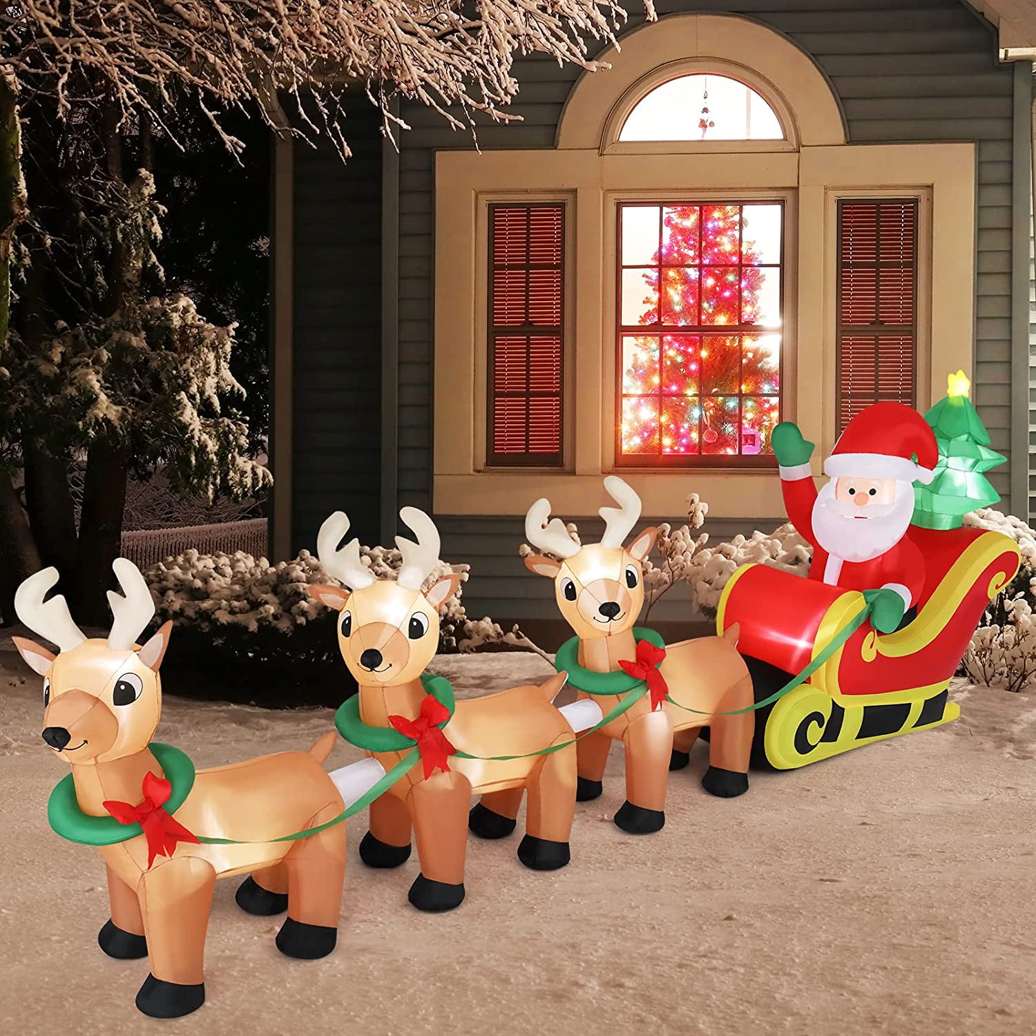 VINGLI Lighted Inflatable Christmas Santa Claus Sleigh & Reindeer ...