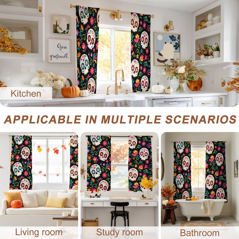 Semi Sheer Curtains Panels, Mexican Skull Flower Leaves Rod Pocket Top ...