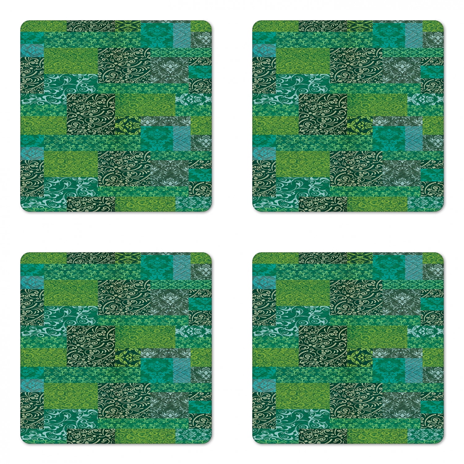 Floral Coaster Set of 4, Green Tone Monochrome Nature Themed Pattern ...