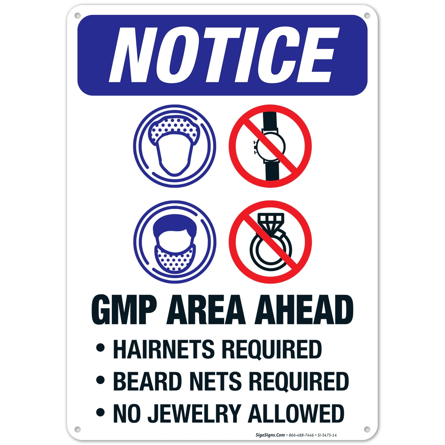 GMP Area Ahead Hairnets, Beard Nets Required No Jewelry Allowed Sign ...