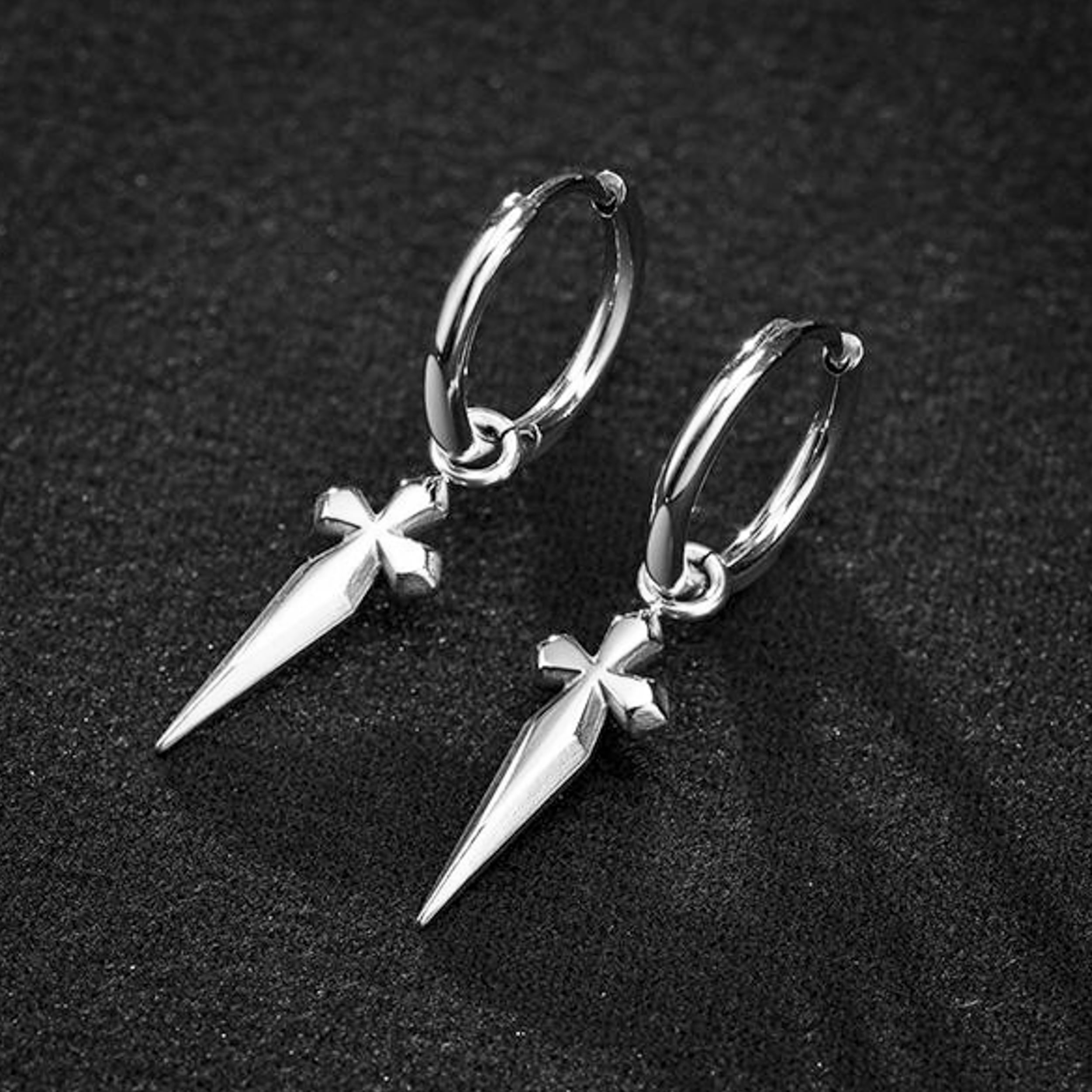 Solid Sterling Silver Men's Dangle Dagger Sword Hanging Cross Hoop ...