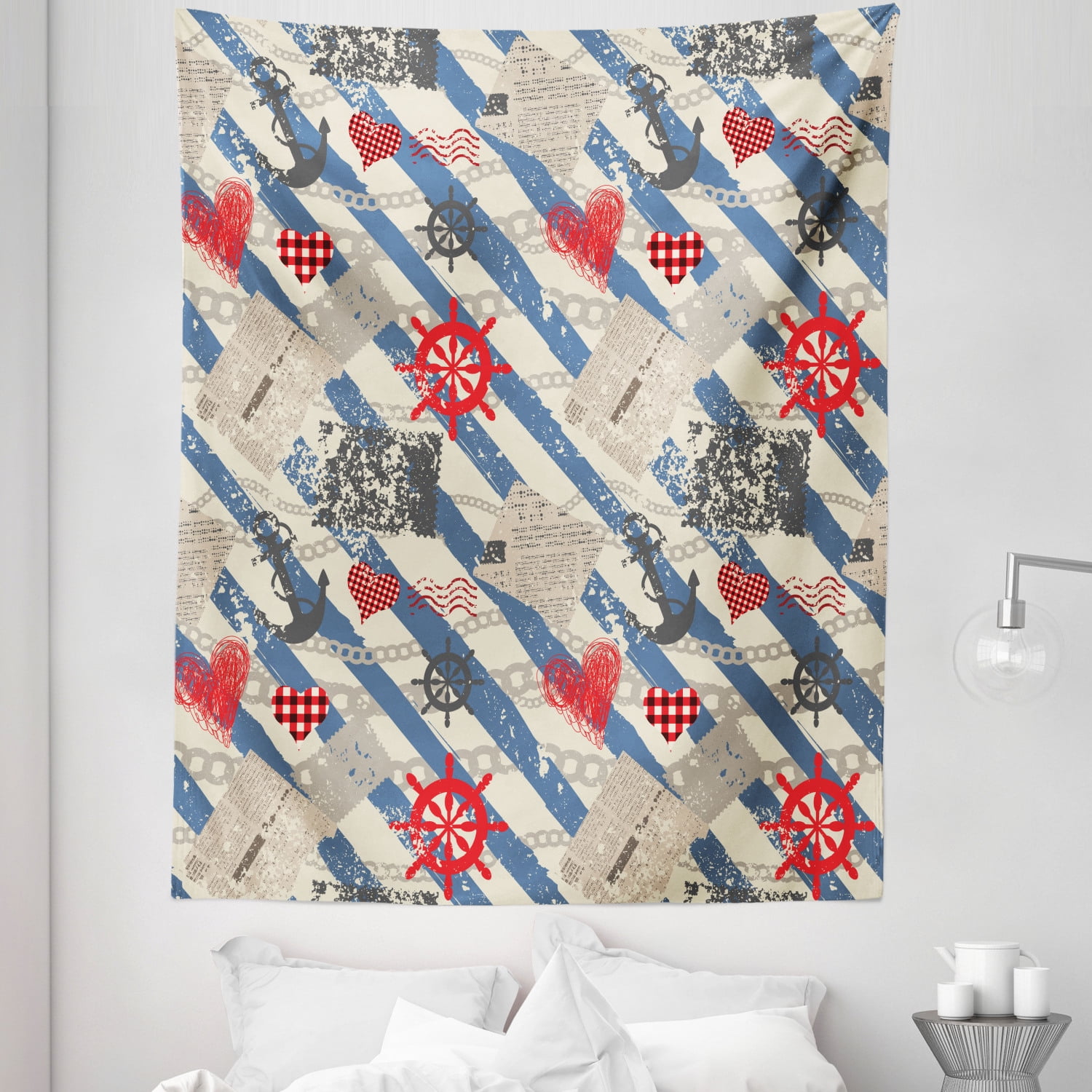 Nautical Tapestry, Sea Graphic with Grunge Distressed Diagonal Forms ...