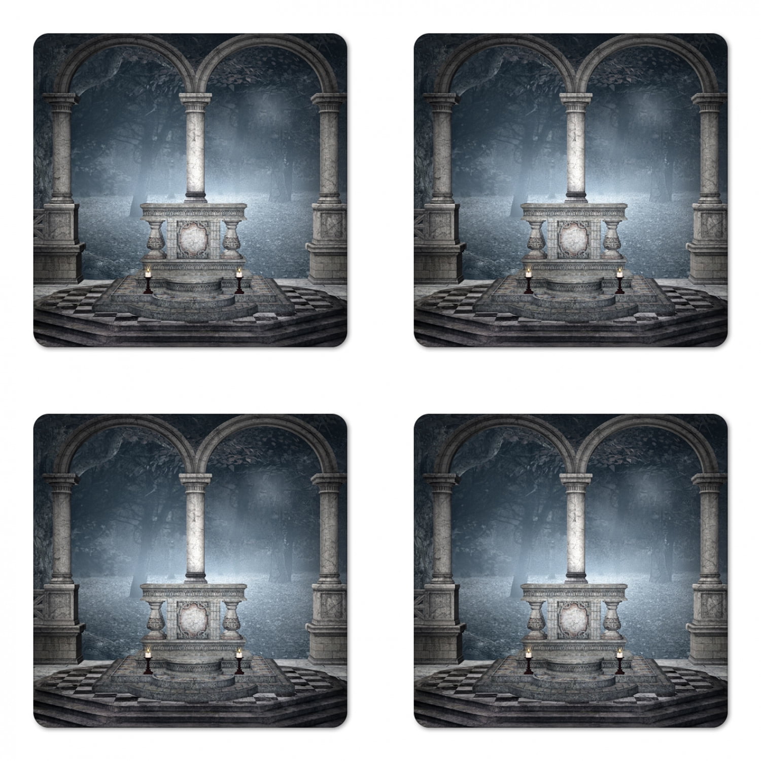 Gothic Coaster Set of 4, Altar on a Checkered Floor in Scary and Hazy ...