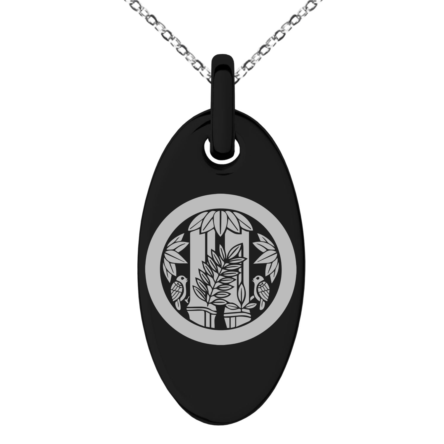 Stainless Steel Torii Samurai Crest Engraved Small Oval Charm Pendant ...