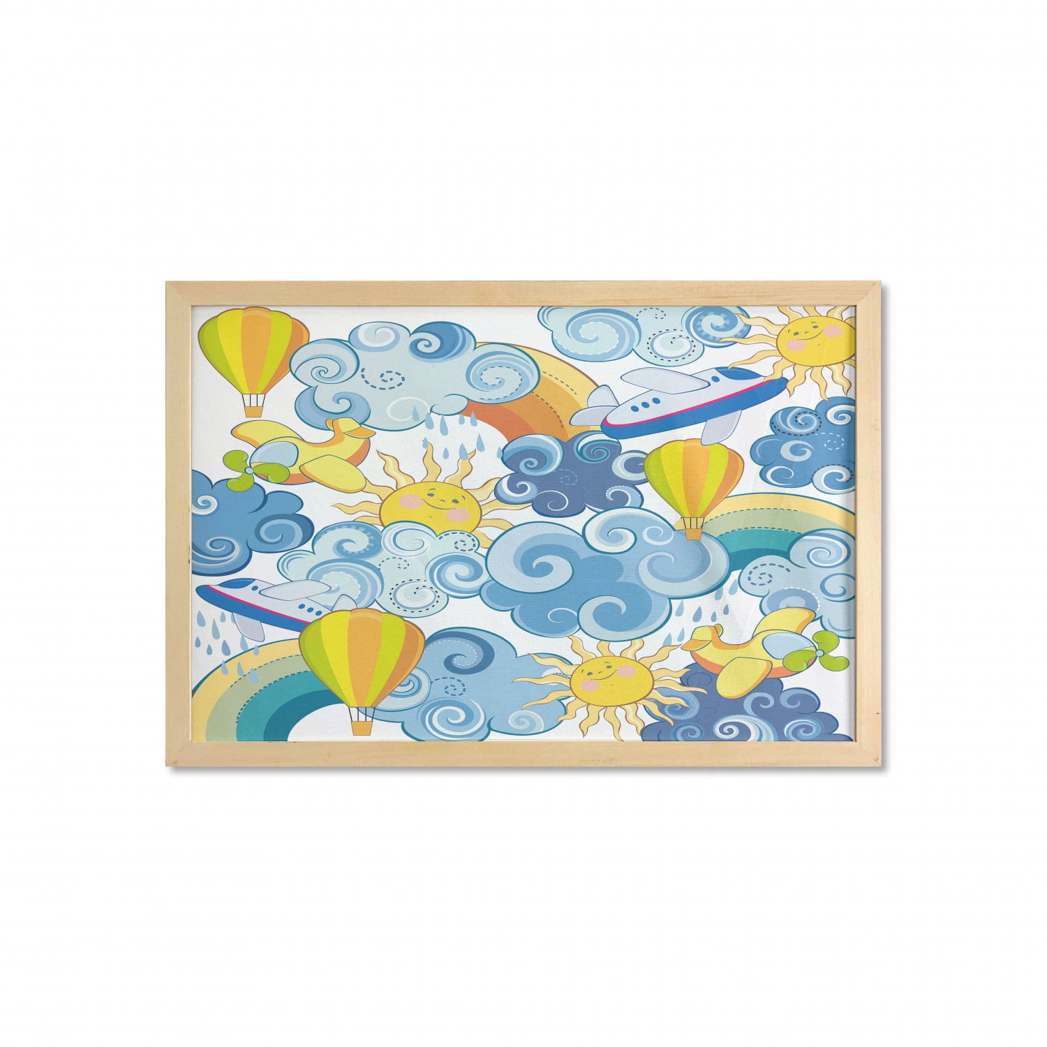 Sky Wall Art with Frame, Theme Clouds Smiling Sun Airplanes and ...