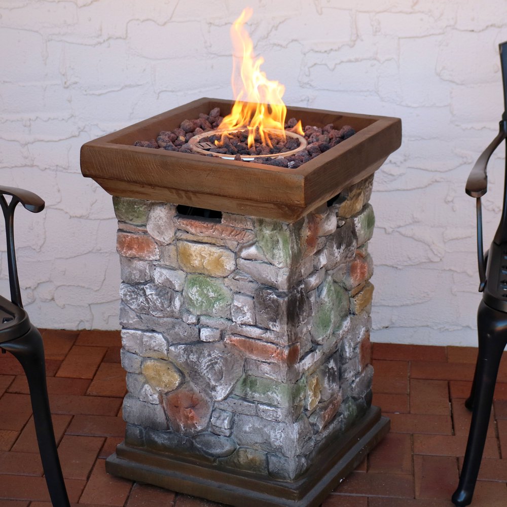 Sunnydaze Rock Column Design Propane Gas Fire Pit w/ Cover & Lava Rocks ...