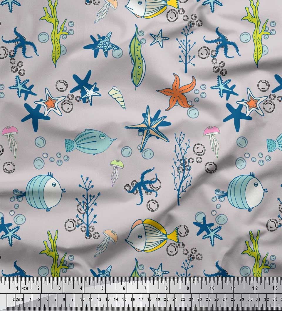 Soimoi Japan Crepe Satin Fabric Fish,Coral & Starfish Ocean Print ...