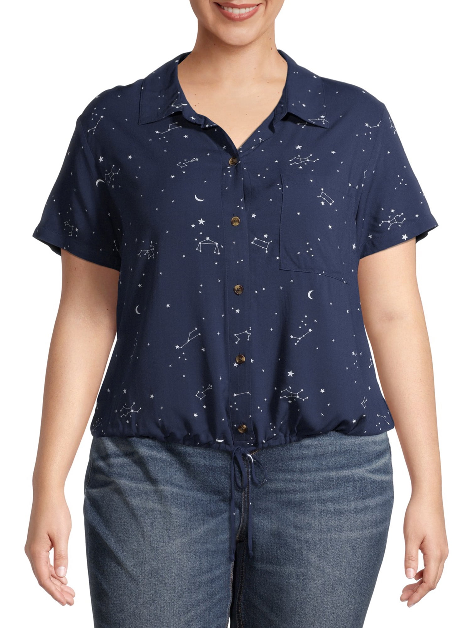 No Boundaries Juniors' Plus Size Printed Short Sleeve Drawstring Waist ...