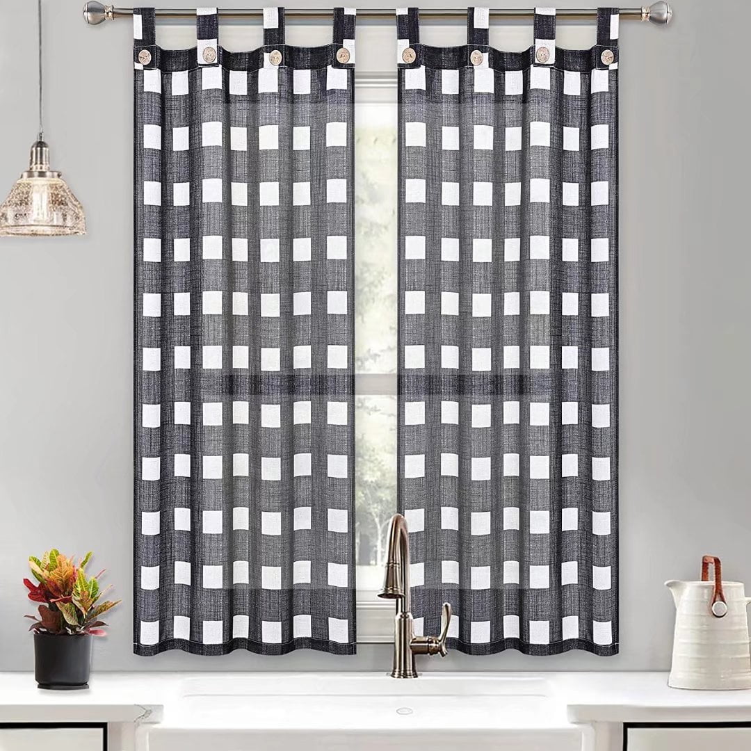 Haperlare Kitchen Curtains 45 inch Length Farmhouse Plaid Cafe Curtains ...