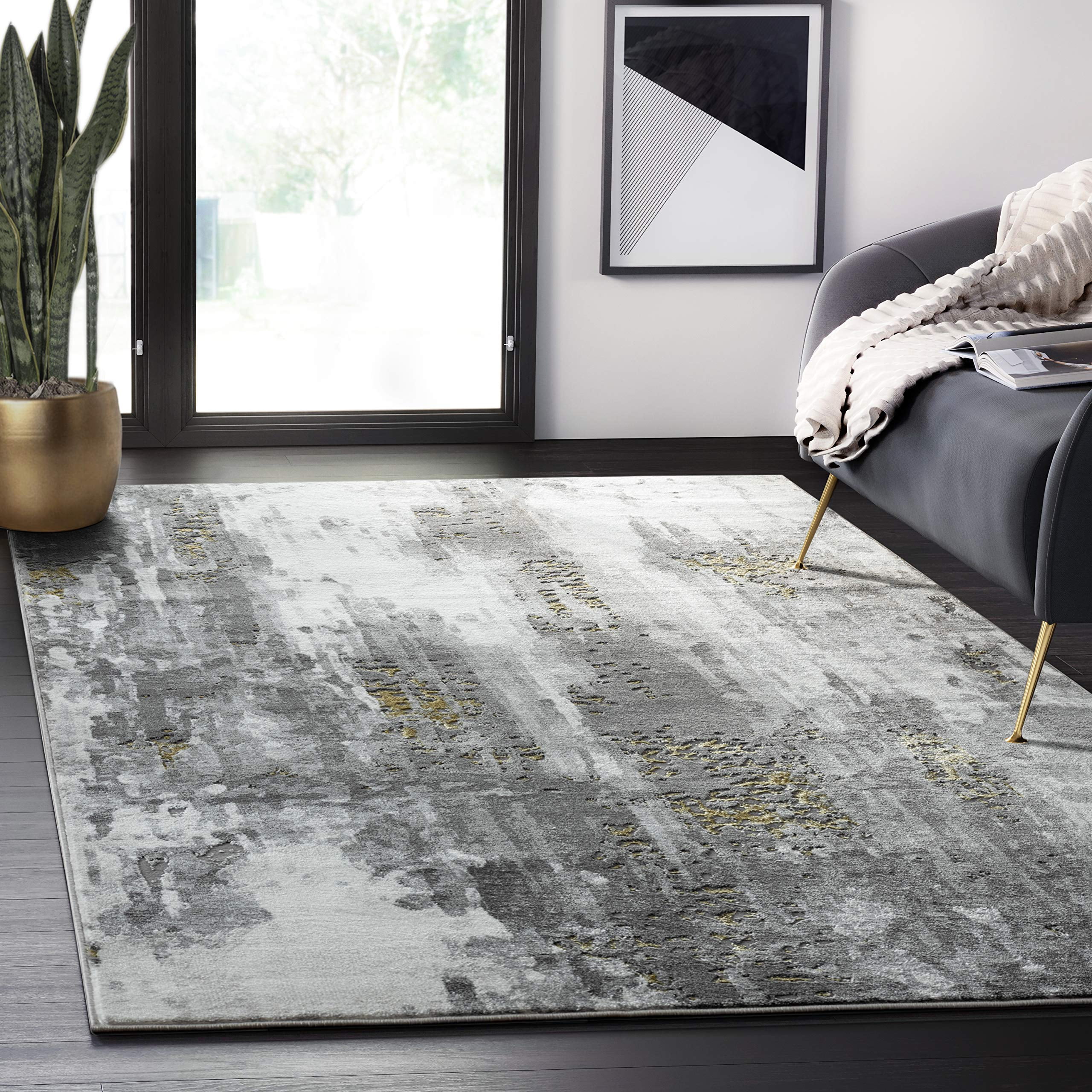 Abani Luna Collection Abstract 4' x 6' Grey Cream Modern Gold Luxury ...