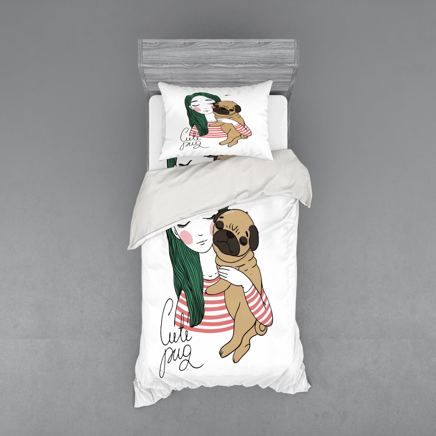 Ambesonne Pug Bedding Set 3 Pcs, Dog with Girl, Twin, Forest Green Pale ...