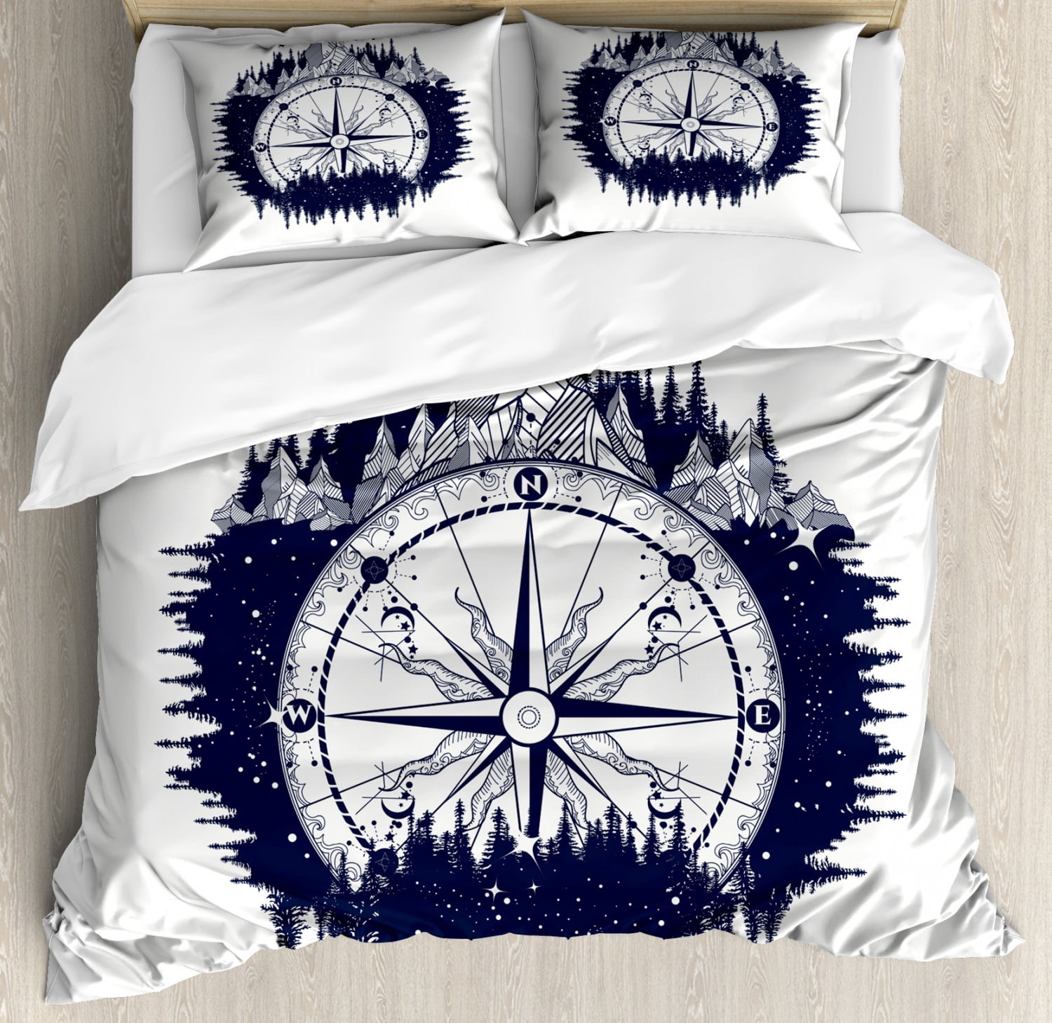 Northwoods Duvet Cover Set Queen Size, Antique Compass in the Night ...