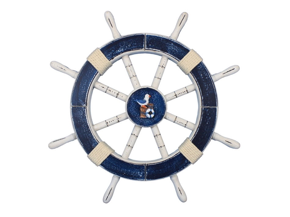 Rustic Dark Blue Ship Wheel with Seagull and Lifering 18" - Beach Decor ...