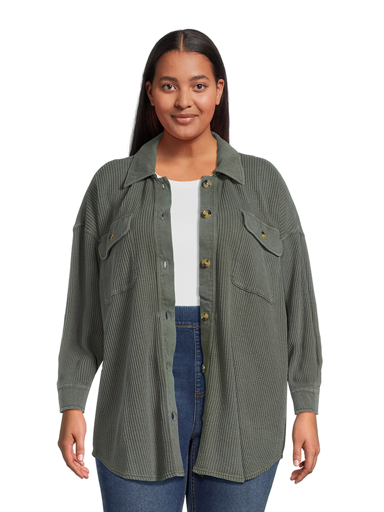Terra & Sky Women's Plus Size Button Down Waffle Knit Shacket - Walmart.com