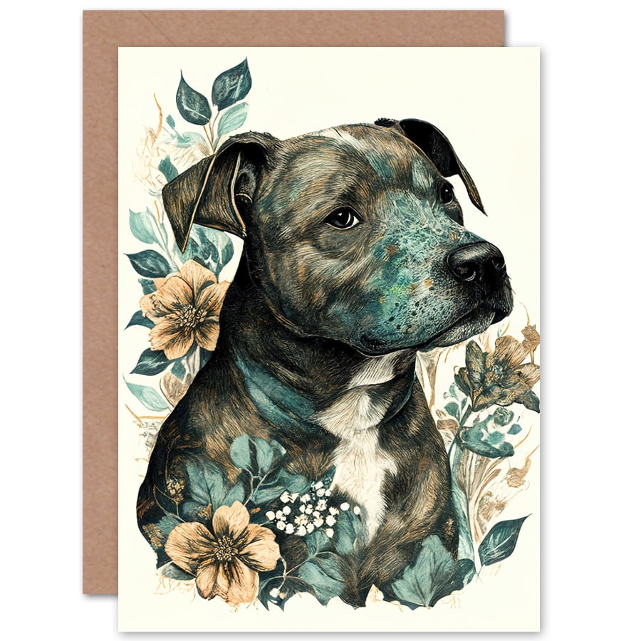 Black Staffordshire Bull Terrier Dog and Flowers Detailed Coloured ...