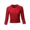 A2y Womens Solid Cropped 3 4 Sleeve Button Down Crew Neck Knit