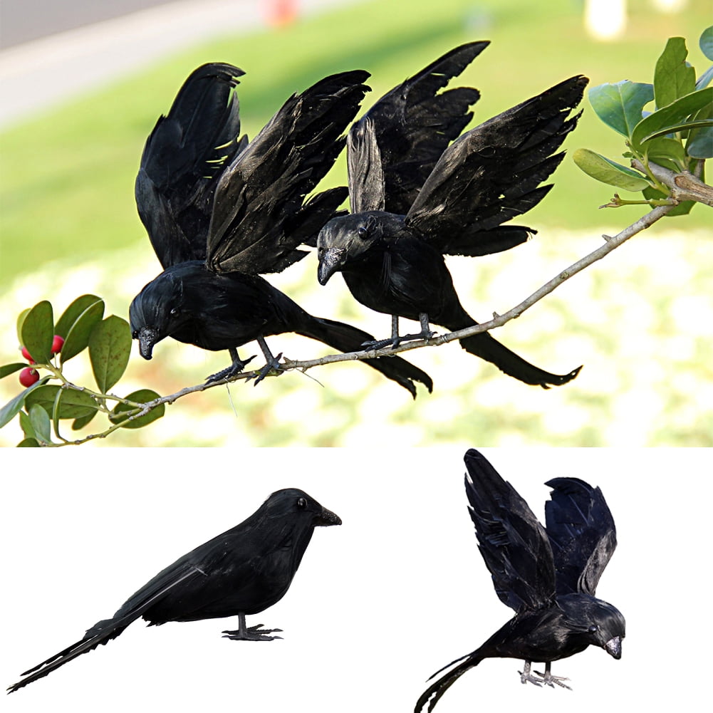 LINASHI 2Pcs Artificial Crow Black Feathered Crows for Outdoors ...