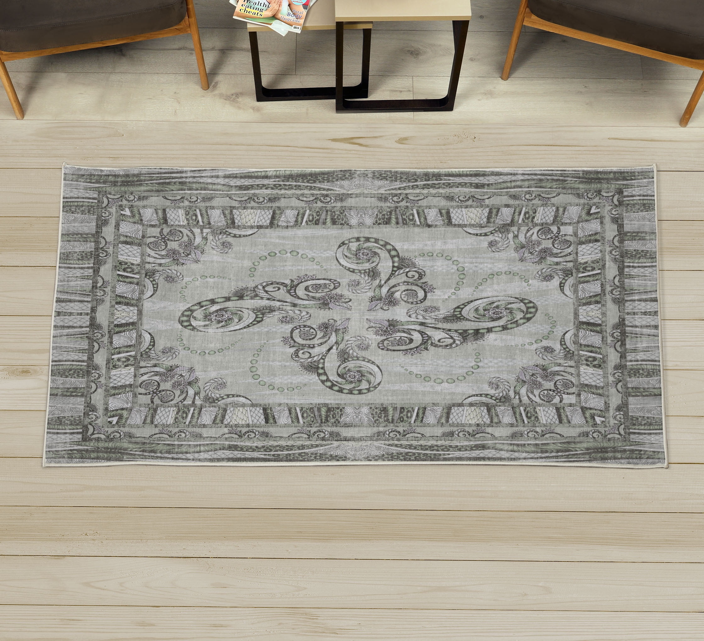 Floral Decorative Rug, Abstract Curls of Botanical Design and Dots ...