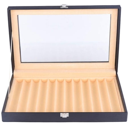 Pen Display Box 12 Piece Black Leather Flannel Pen Organizer Box,Glass ...