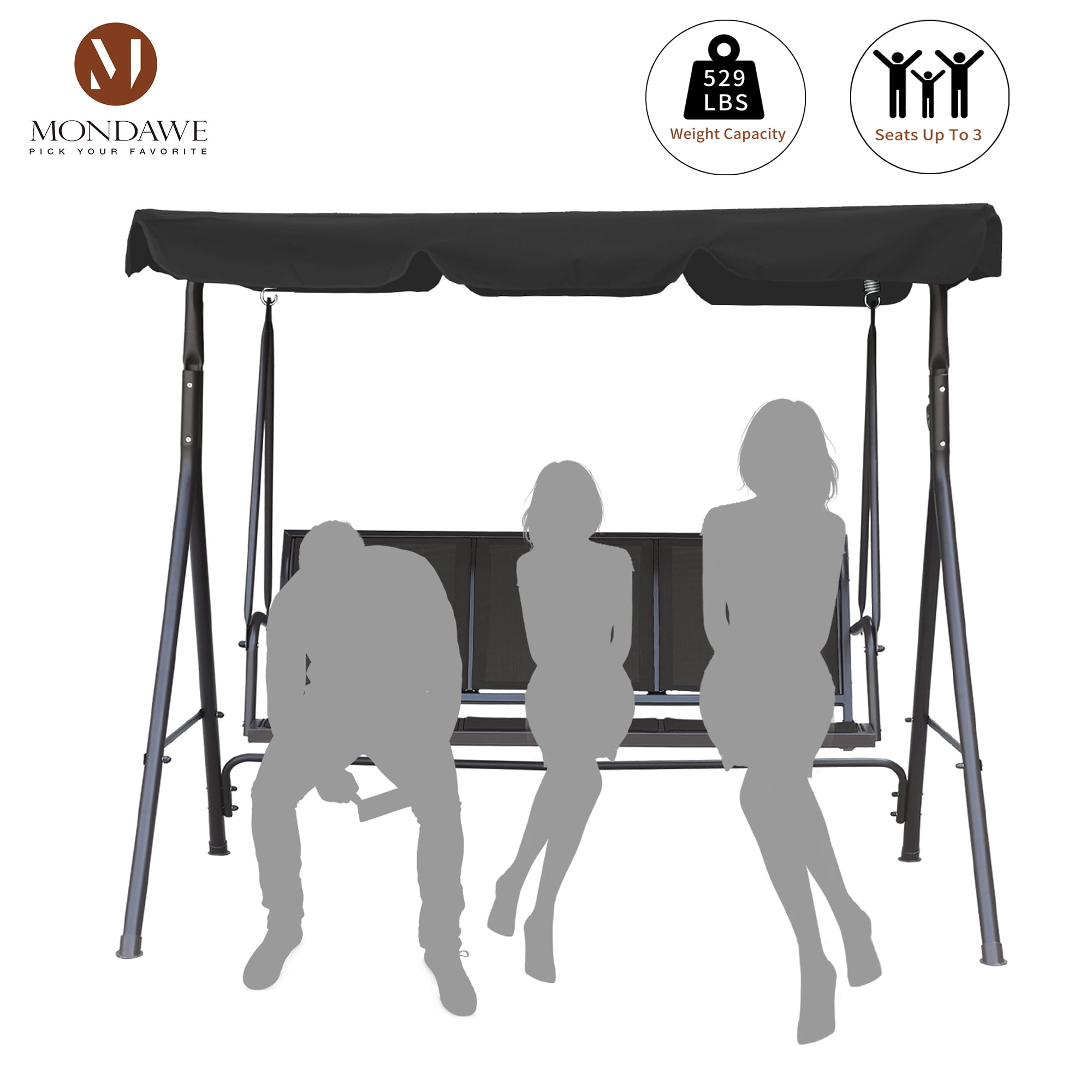 Mondawe 3 Persons Adjustable Porch Swing Steel and Textilene Fabric ...