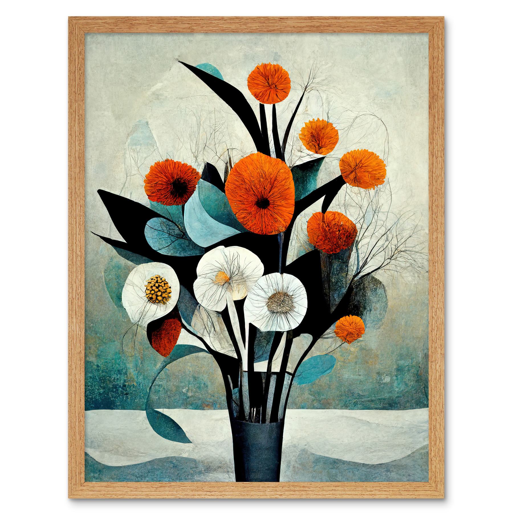 Flowers Floral Display Bouquet Modern Abstract Teal Orange Art Print ...