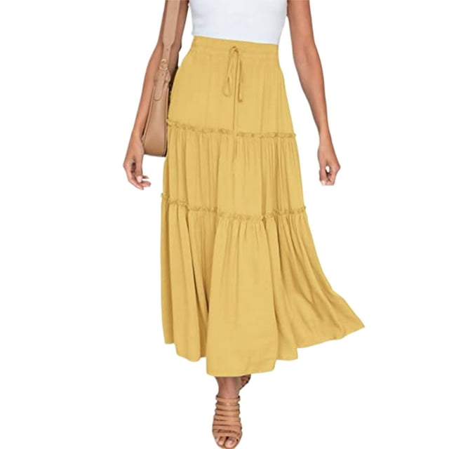 MAWCLOS Women Ruffle Midi Skirt Loose Summer Skirts Asymmetry Casual ...