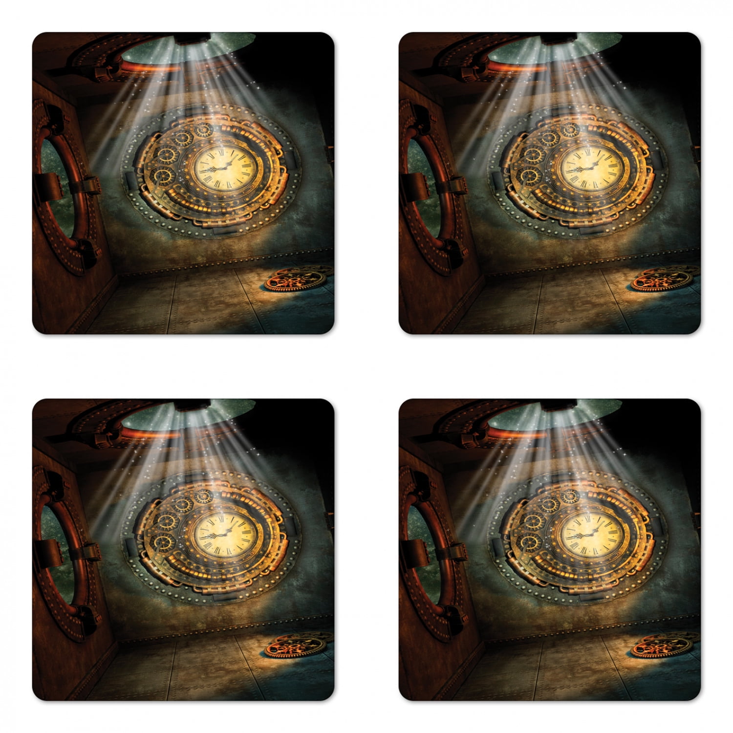 Fantasy Coaster Set of 4, Fantasy Scenery with Clock Dream Sky Rays ...