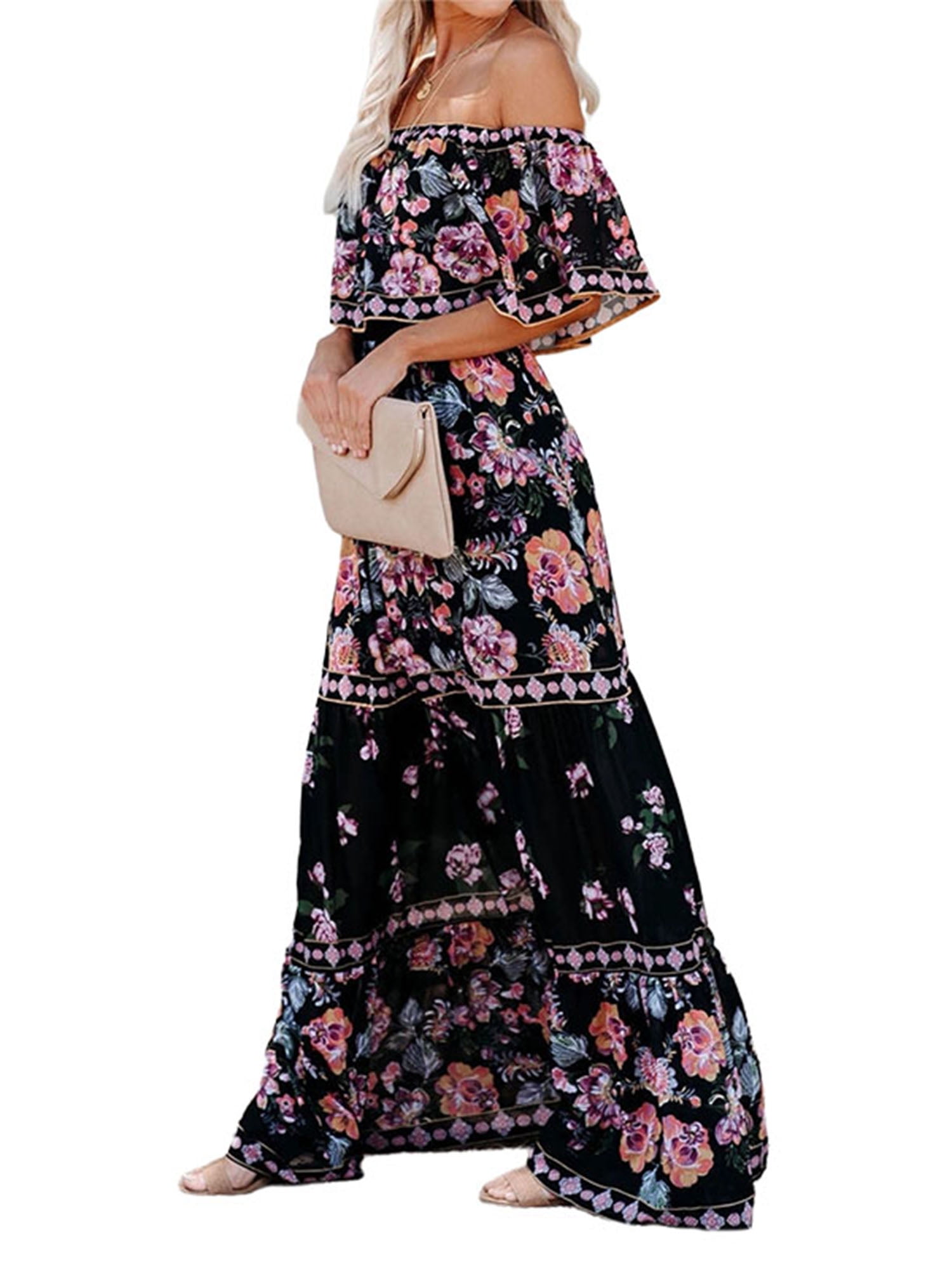 Lumento Ladies Long Dress Floral Print Summer Beach Sundress Off ...