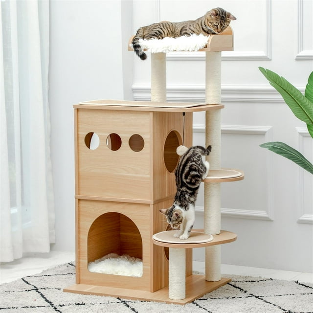 Pefilos 47 Modern Cat Tree Wooden Cat Tower For Indoor Cats Multi