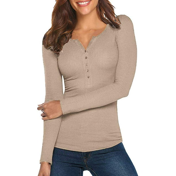 Pink Queen Womens Henley Shirts Long Sleeve V Neck Ribbed Button