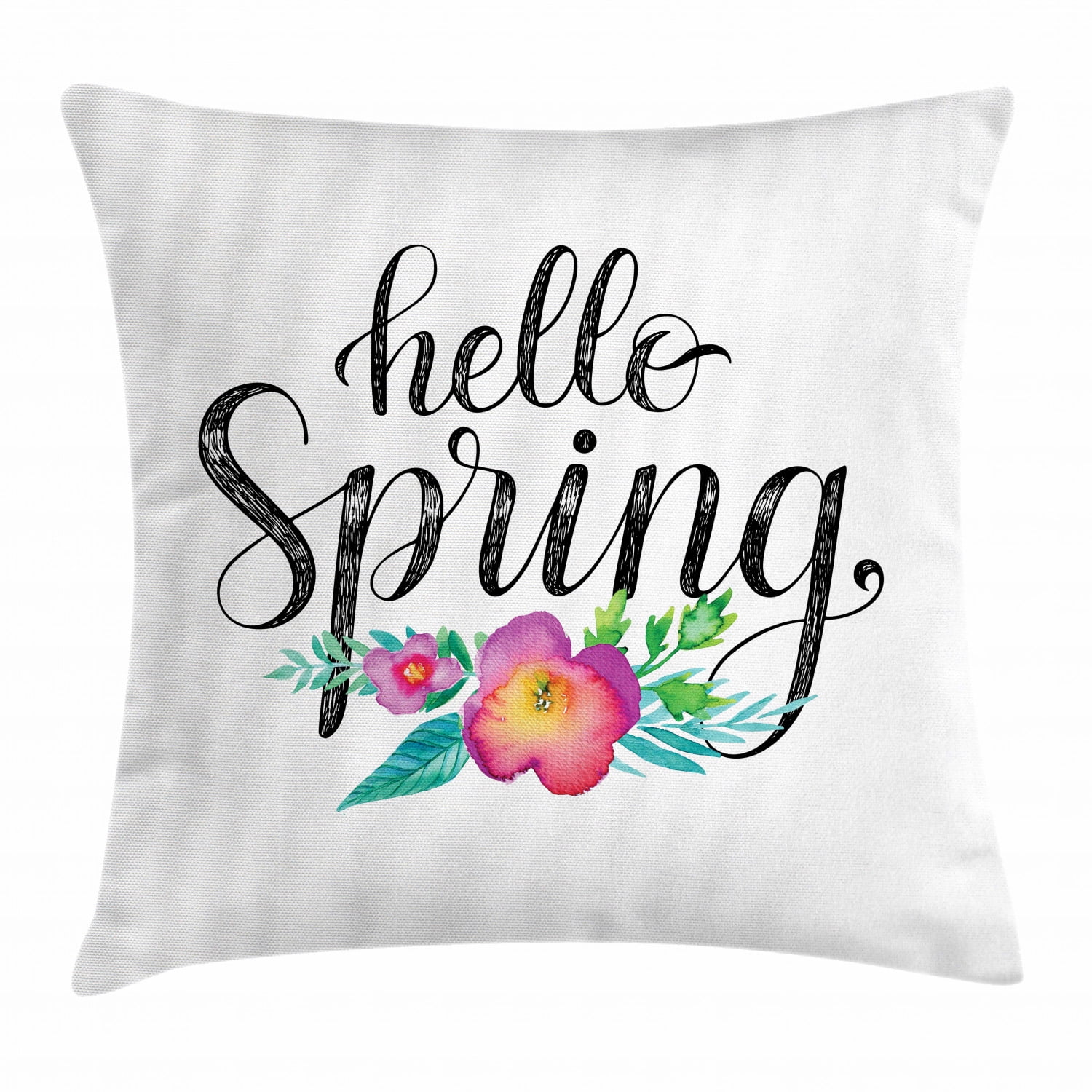 Hello Throw Pillow Cushion Cover, Hand Lettering Phrase of Hello Spring ...
