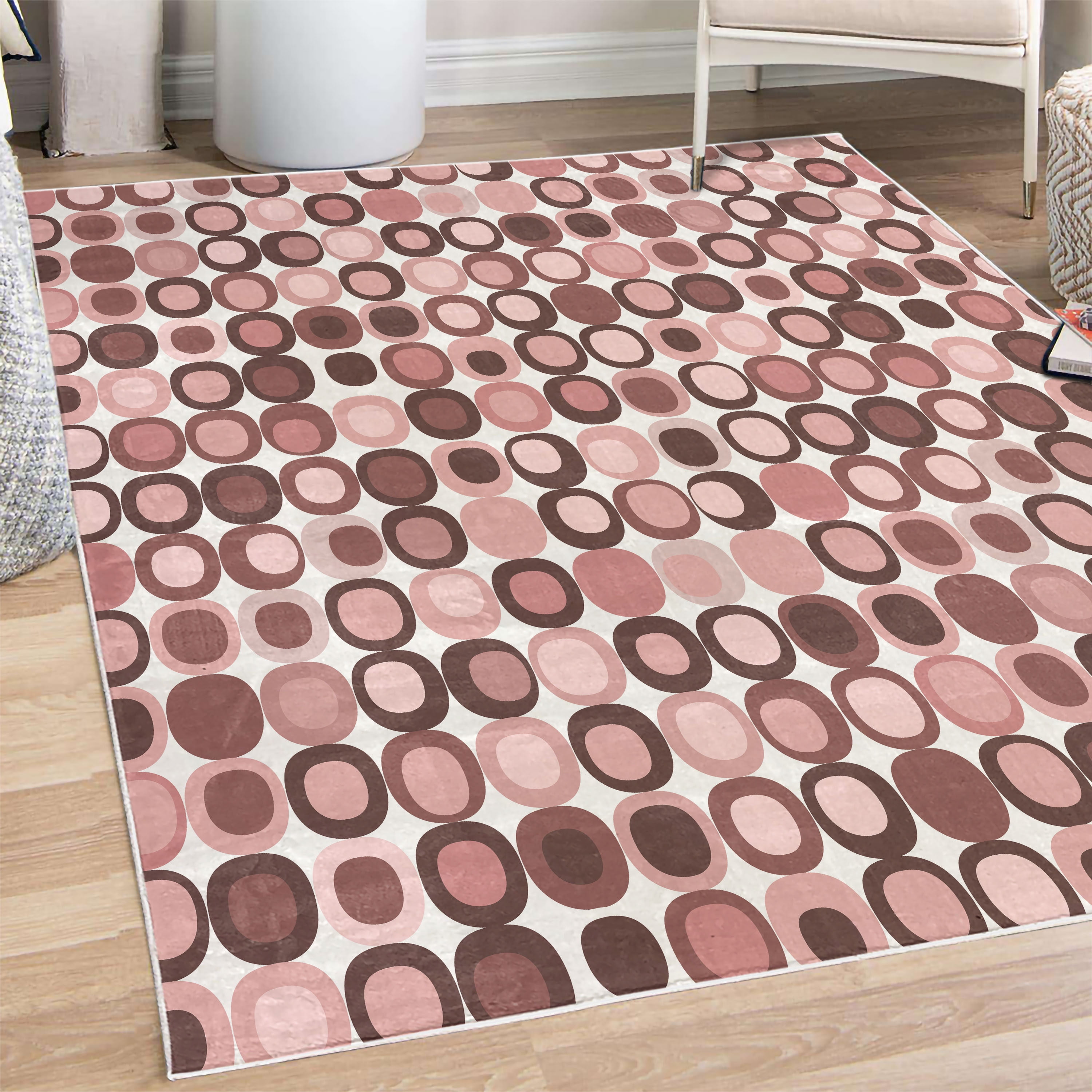 Mid Century Decorative Rug, Retro-Themed Styled Round Edged Mosaic ...