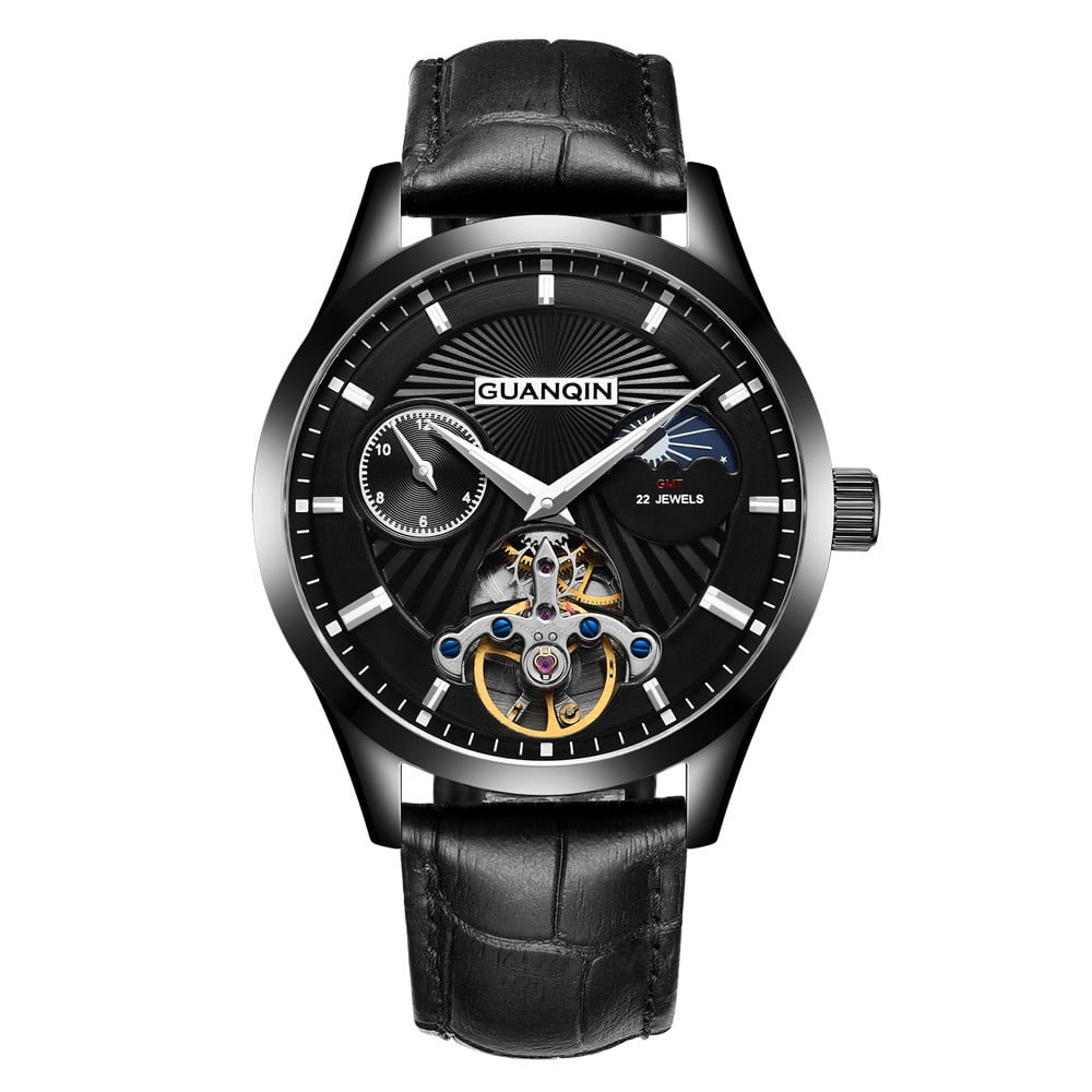 GUANQIN Men Moon Phase Skeleton GMT Luminous Analog Automatic Self ...