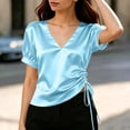 ZGRBOU Women's Elegant Satin Blouse Side Tie Drawstring V Neck Tops ...