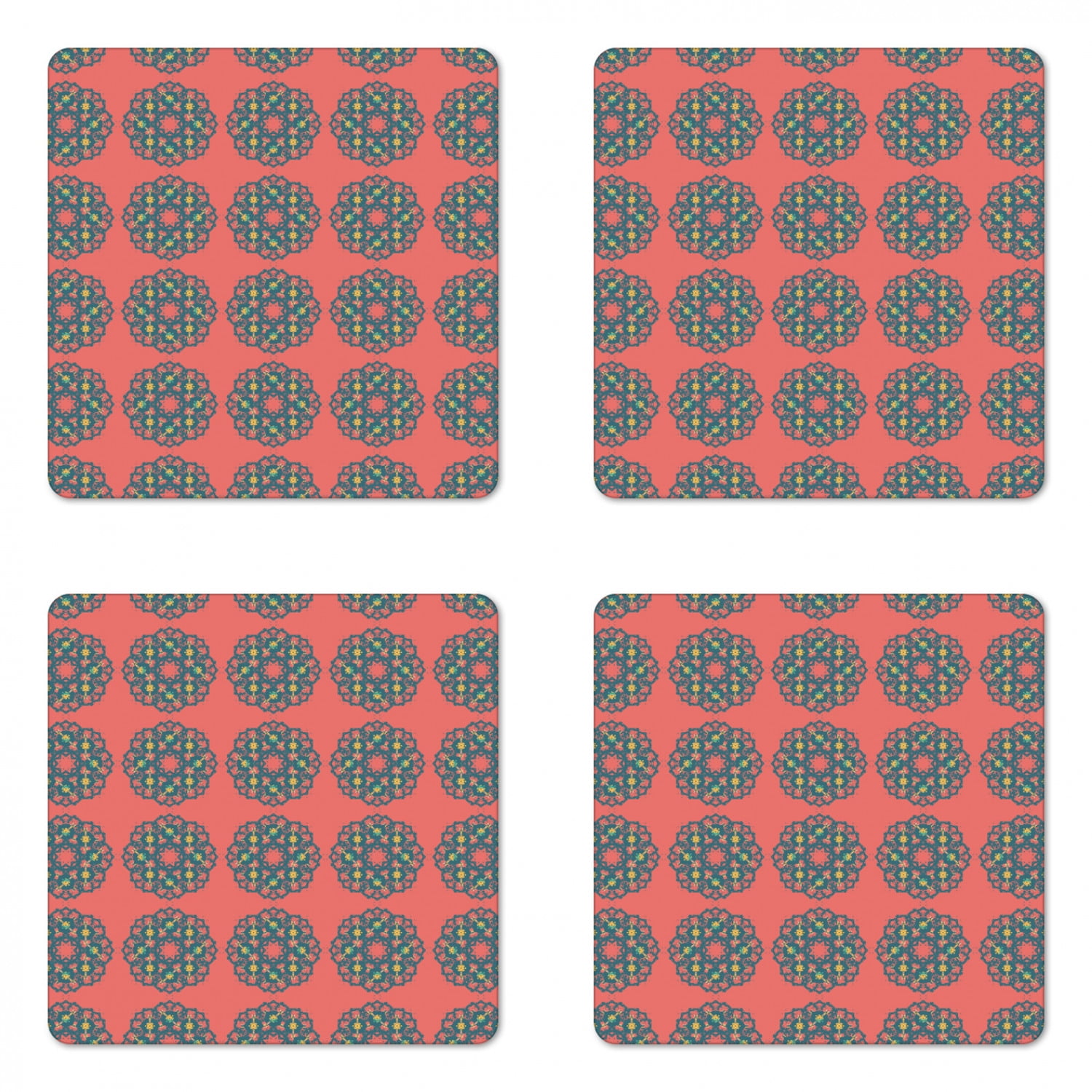 Geometric Coaster Set of 4, Floral Themed Illustration in Retro Design ...