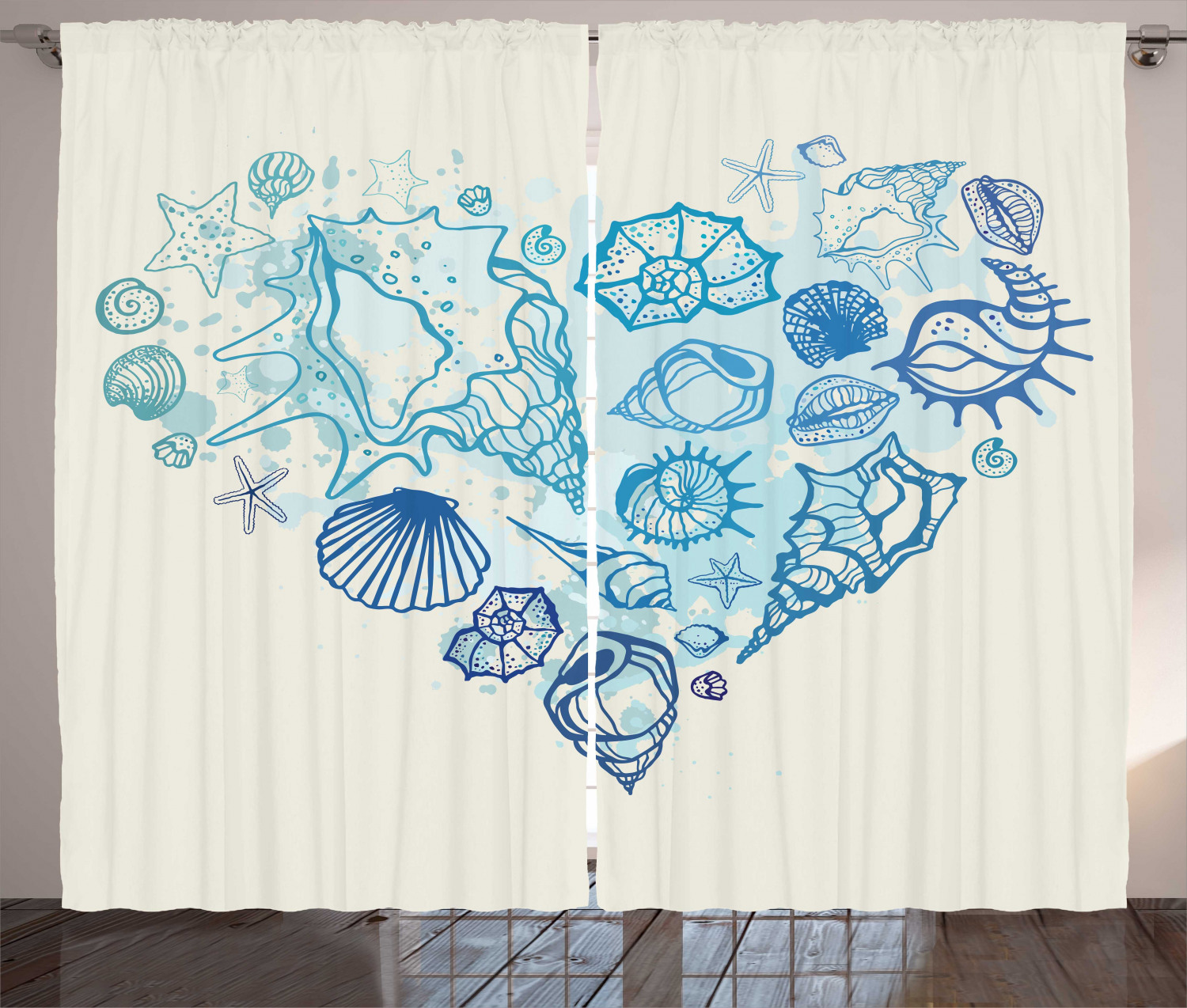 Shell Curtains 2 Panels Set, Blue Tones Grunge Heart Shape with Various ...