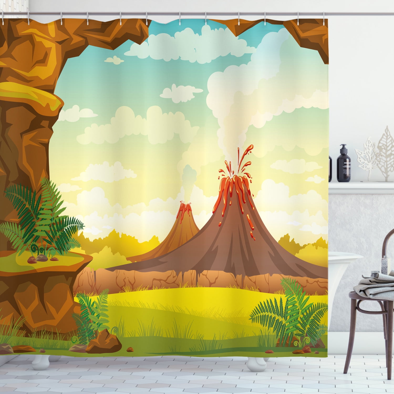 Volcano Shower Curtain, Prehistoric Landscape Cave Smoky Mountain and ...
