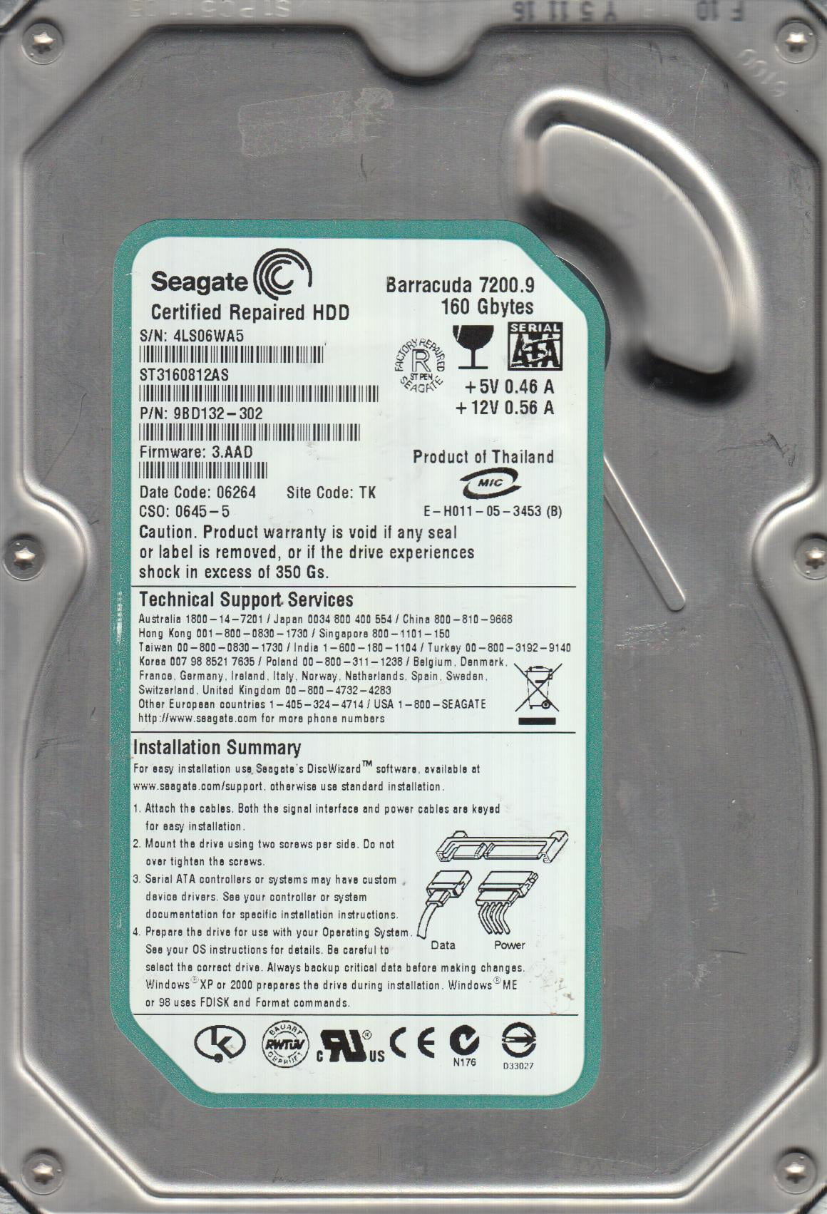 ST3160812AS, 4LS, TK, PN 9BD132-302, FW 3.AAD, Seagate 160GB SATA 3.5 ...
