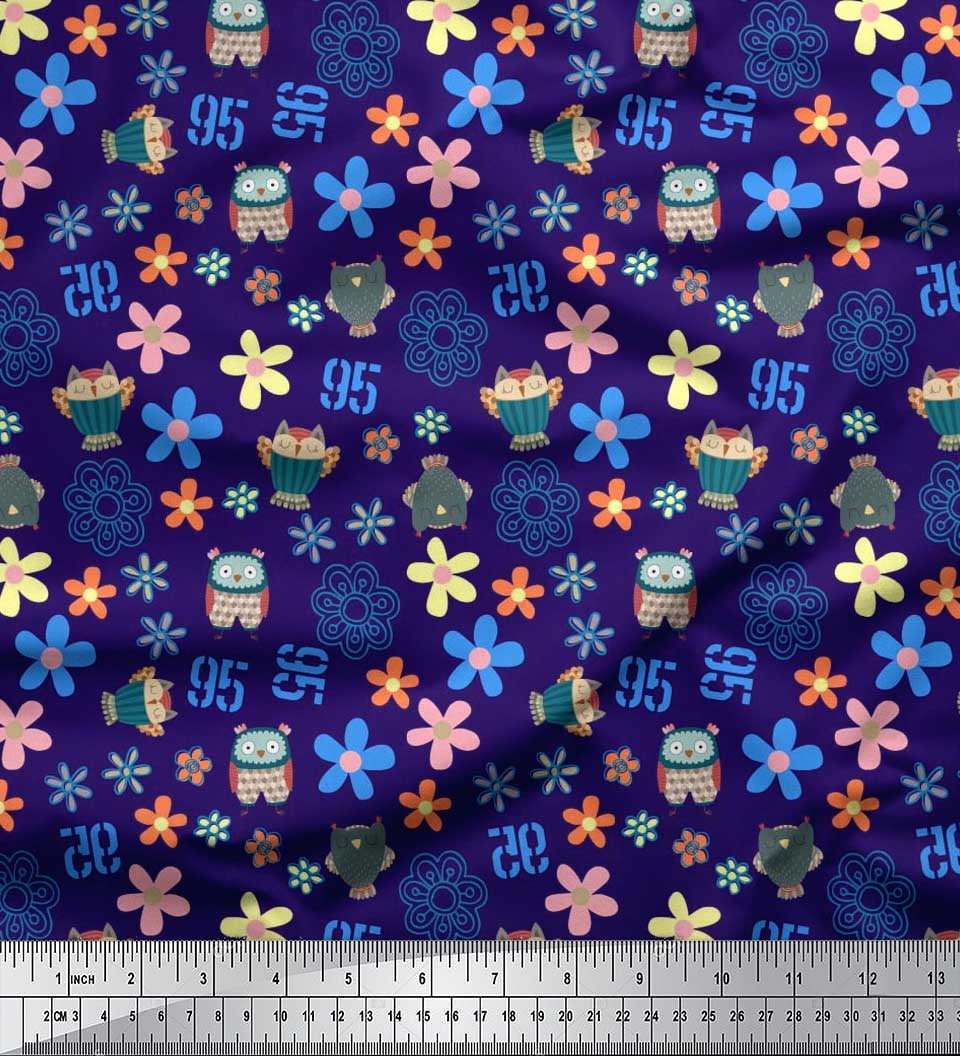 Soimoi Cotton Voile Fabric Owl, Numbers & Floral Clip Art Print Fabric ...
