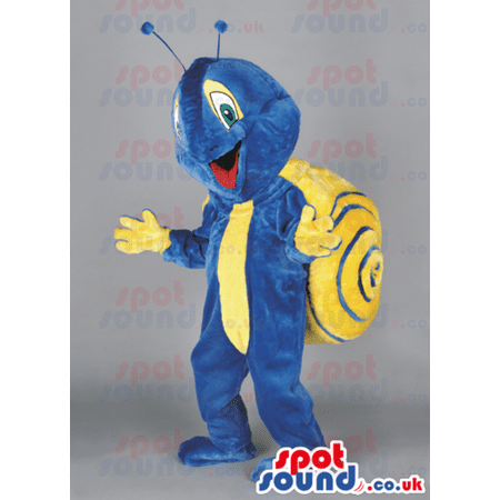 Delighted blue snail SPOTSOUND Mascot with yellow shell and antennae ...