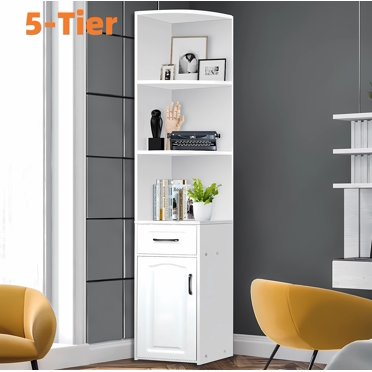 Churanty Tall Bookshelf with LED Lighting, White Bookcase with Storage ...