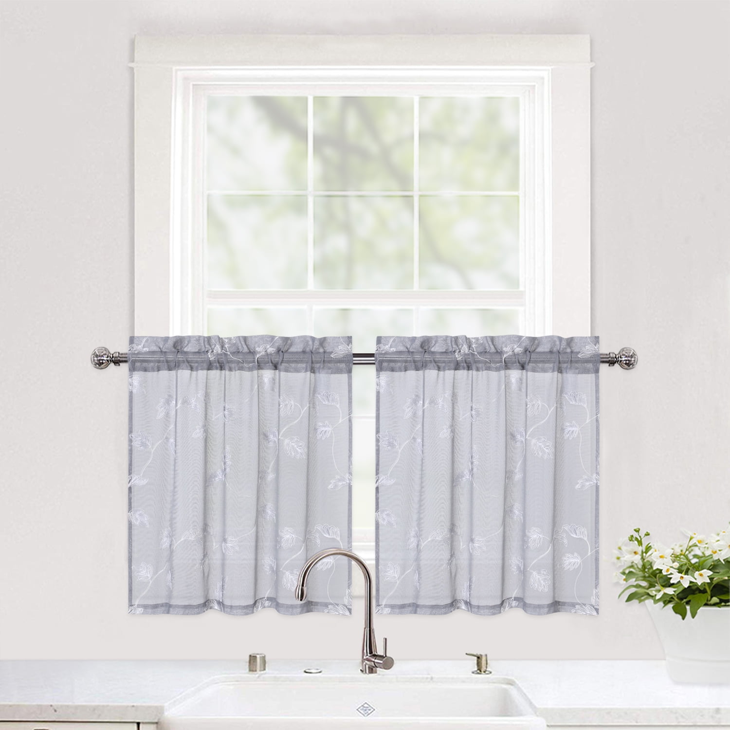 Kitsin Sheer Tier Curtains, Leaf Embroidery Faux Linen Textured Rod ...