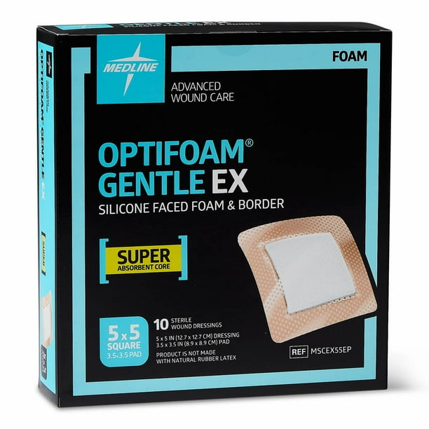 Medline Optifoam Gentle EX Bordered Foam Adhesive Dressing, 5" x 5" (10 Count) - Walmart.com