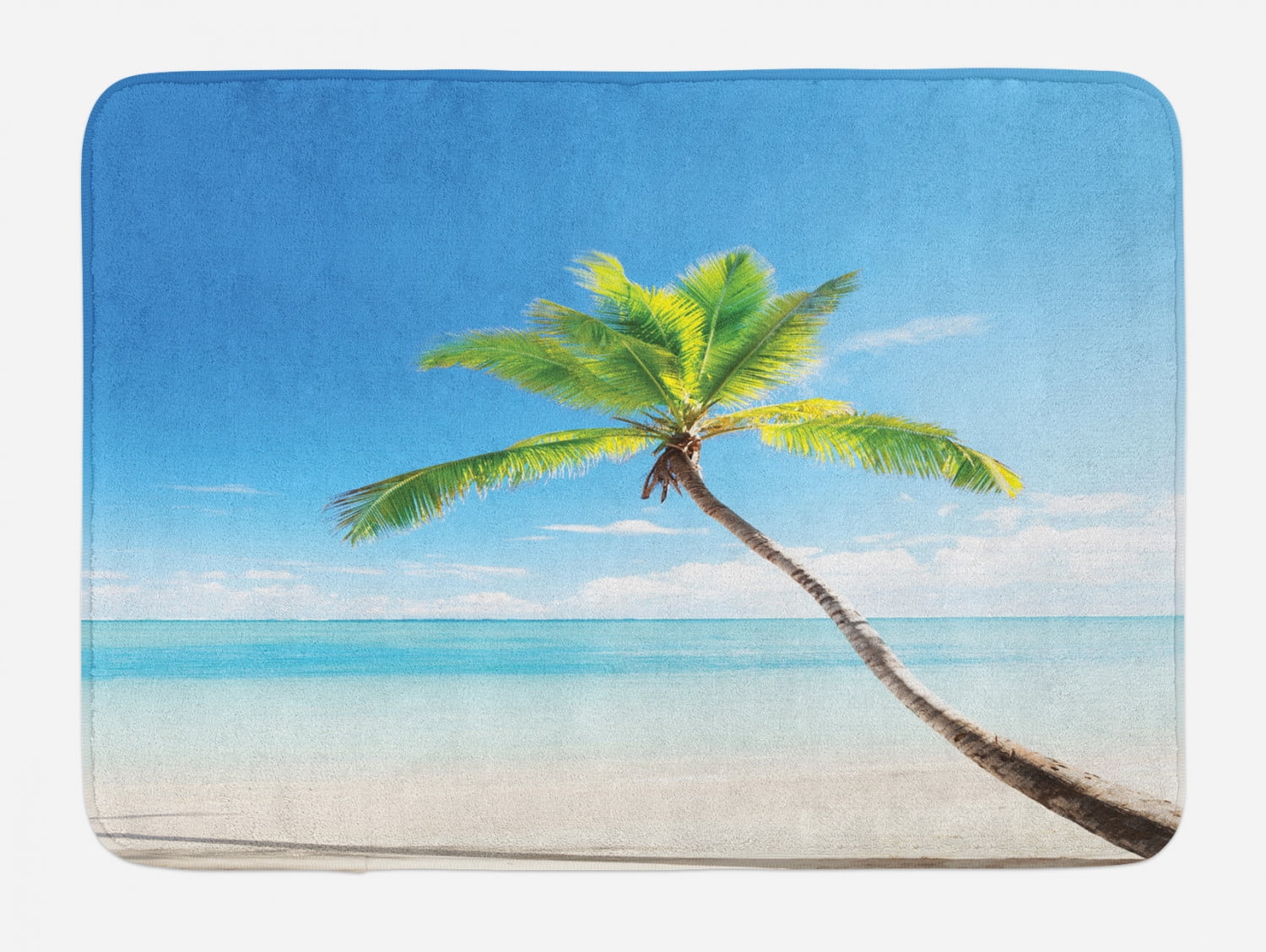 Tropical Bath Mat, Palm Tree on Caribbean Sandy Beach Clear Sky Horizon ...